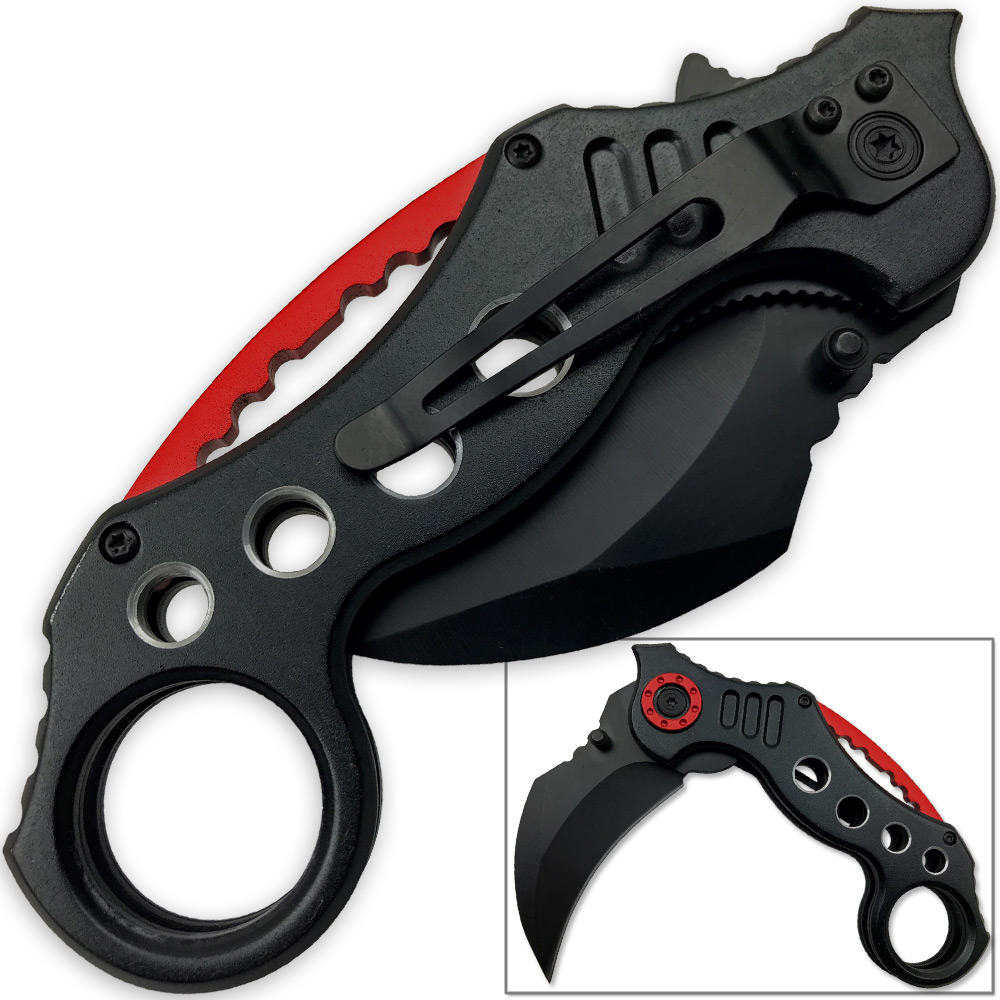 Tactical Extreme Karambit Knife Spring Assisted Blade Black Red Handle