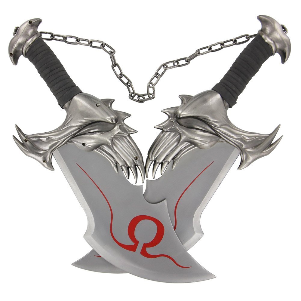 God of War Twin Blade Short Dagger Set with Wall Plaque Steel Chain Linked