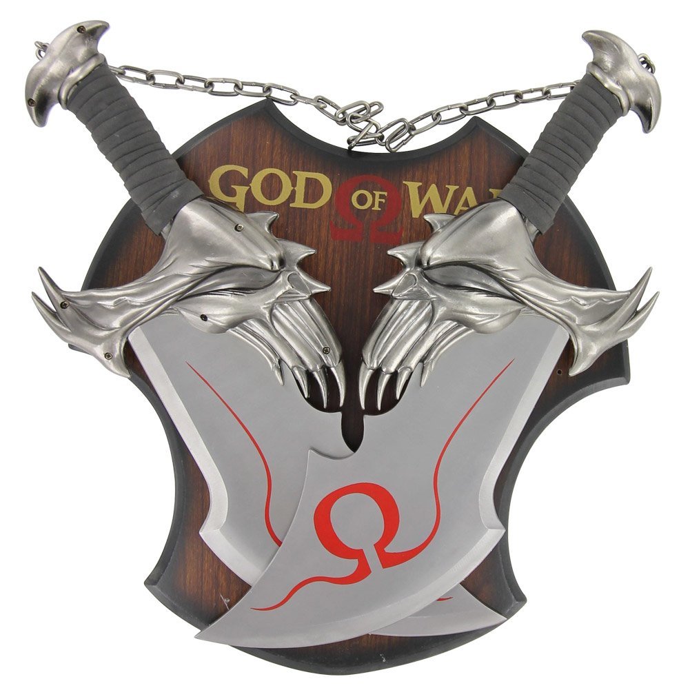 God of War Twin Blade Short Dagger Set with Wall Plaque Steel Chain Linked
