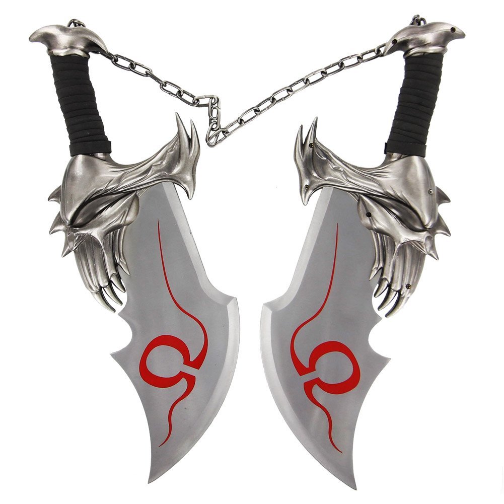 God of War Twin Blade Short Dagger Set with Wall Plaque Steel Chain Linked