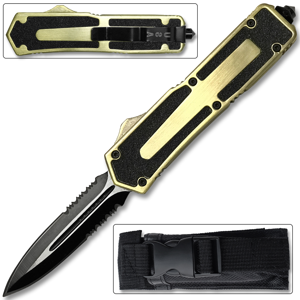 Titan OTF Switchblade Originator Gold Serrated Knife