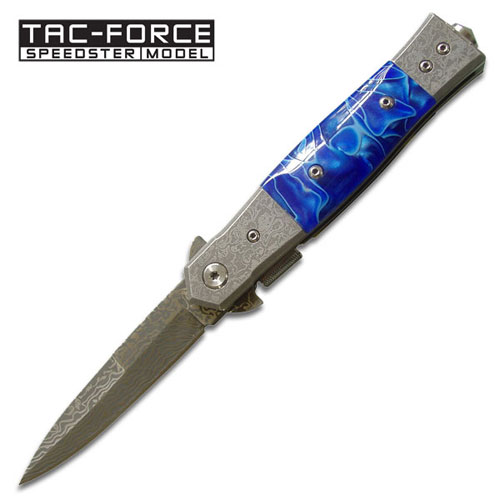 Damascus Spring Assist Stiletto Window Breaker Blue