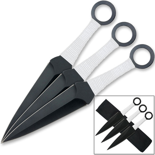 9in Ninja Set of 3 White Throwing Knives Red