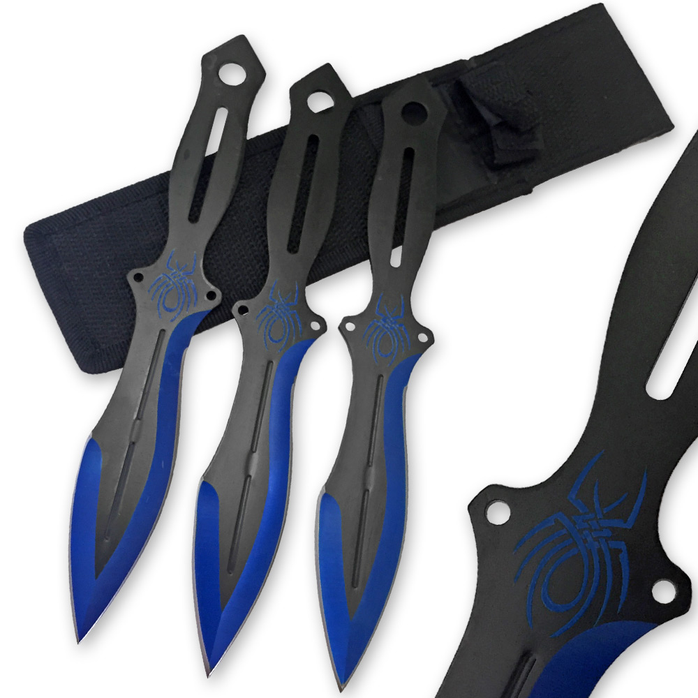 Akuma Arachnid Demon Ninja Throwing Knives 3pcs Set Black Icy Blue Trim ...