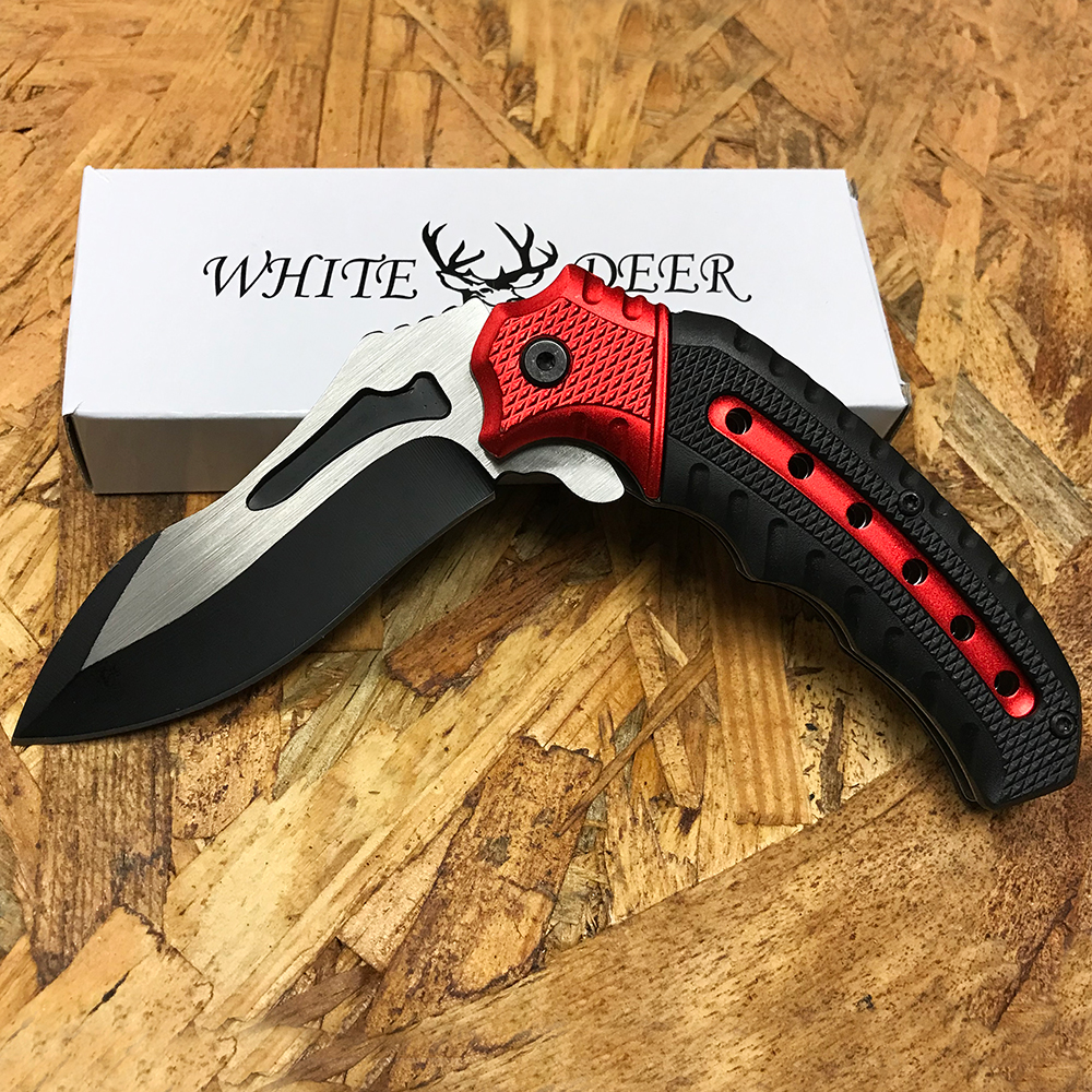 White Deer Tactical Knife Red and Black Spring Assisted