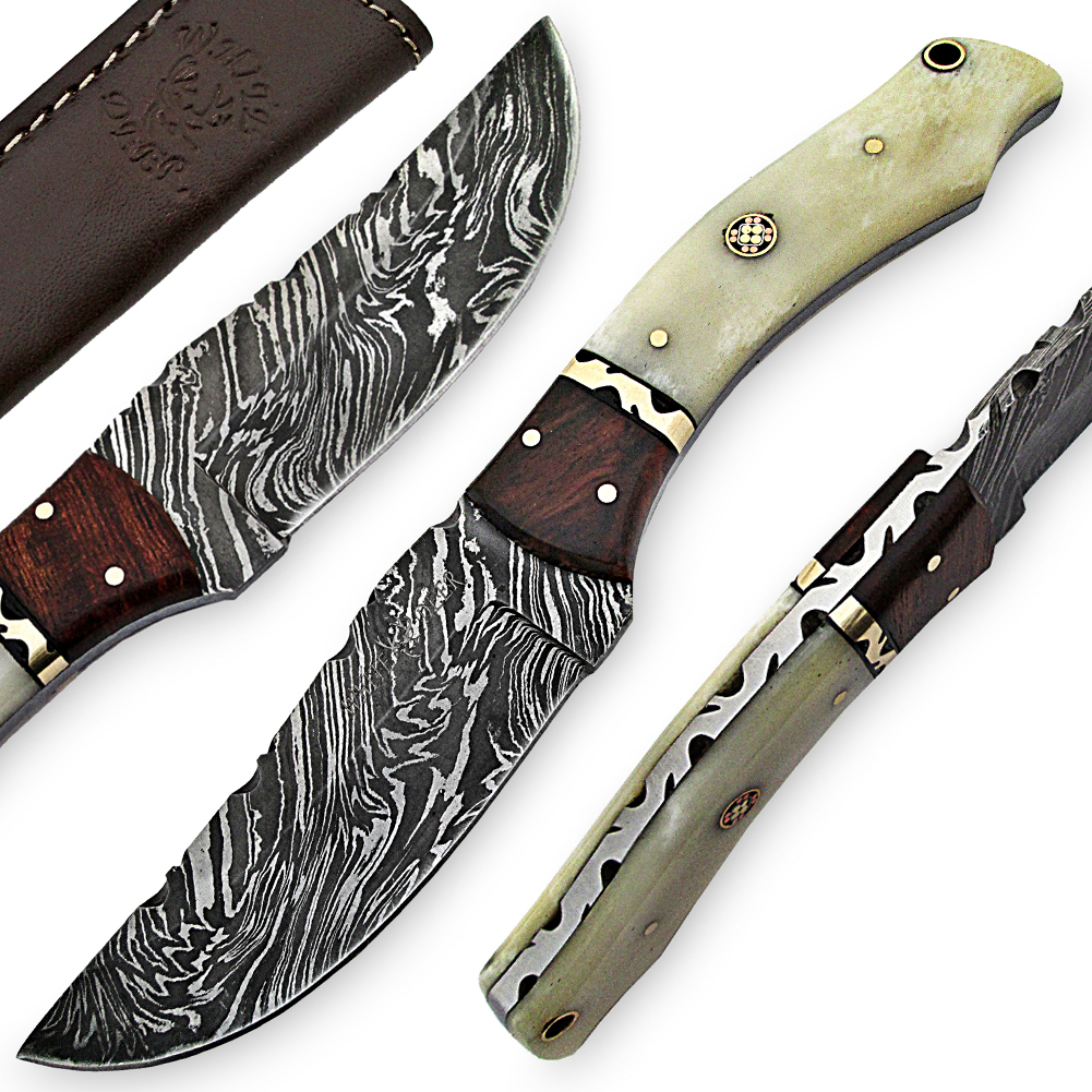 White Deer Executive Strait-Back Damascus Steel Knife Bison Bone ...