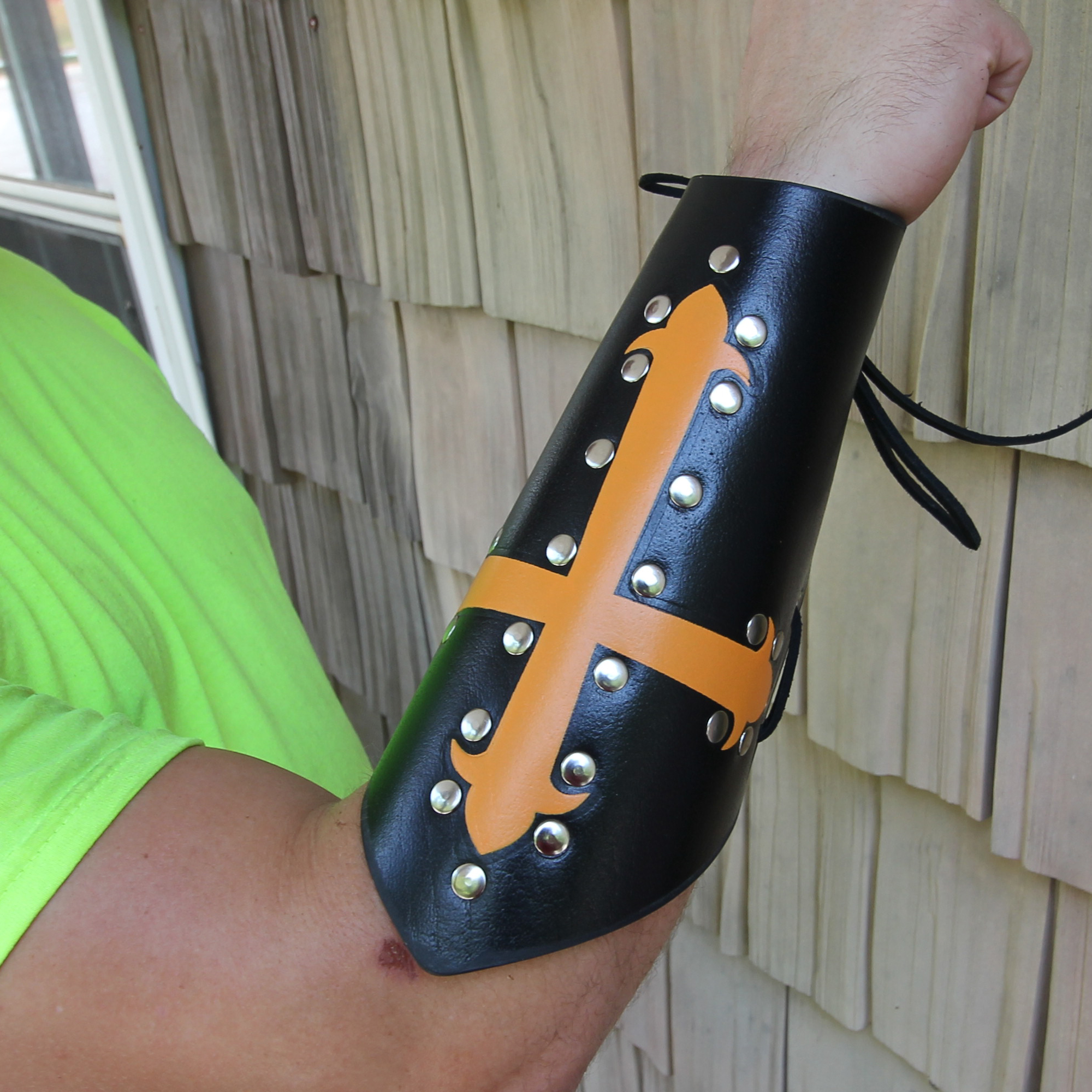 Holy Warrior Medieval Lace Up Leather Bracer Black and Orange